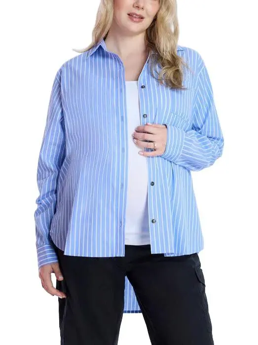 Motherhood Maternity Long Sleeve Poplin Shirt - Provence/white Stripe