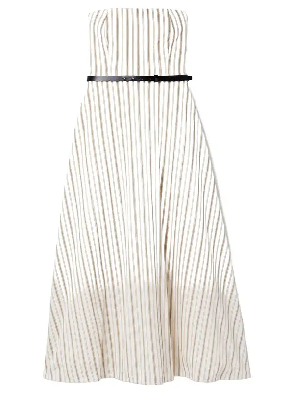 Max Mara Fervida Belted Strapless Striped Cotton And Linen-blend Midi Dress - Neutrals