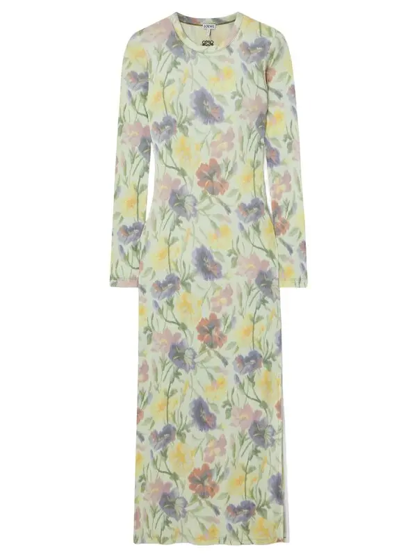 Loewe Floral-print Ribbed Midi Dress - Green