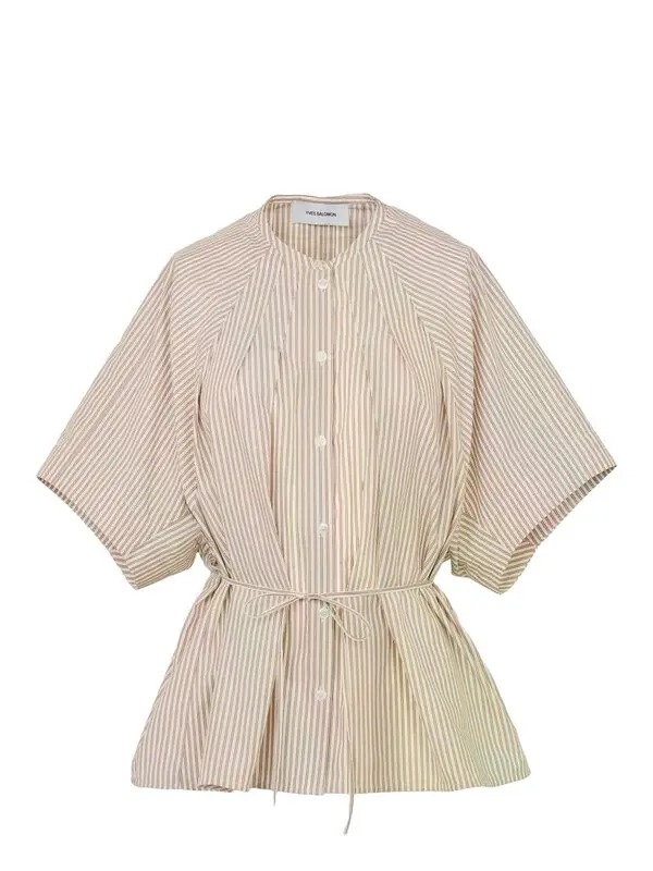 YVES SALOMON Striped Pleated Shirt - Brown