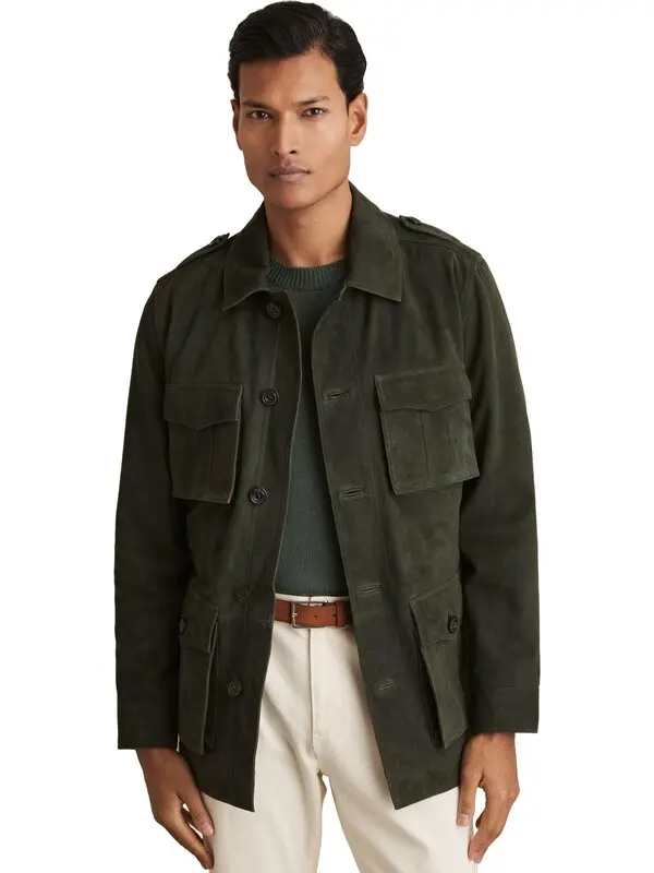 REISS Stafford Suede Field Jacket - Dark Forest Green