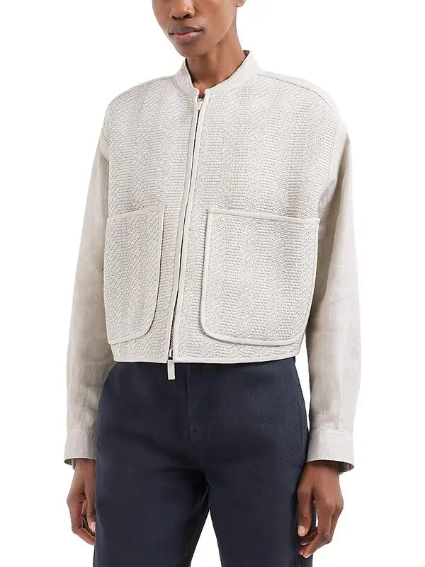 Emporio Armani Woven Nappa Leather & Linen Bomber Jacket - Silver Birch