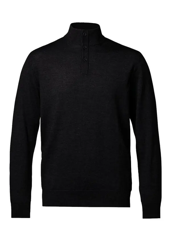 CHARLES TYRWHITT Pure Merino Button Neck Sweater - Charcoal Grey