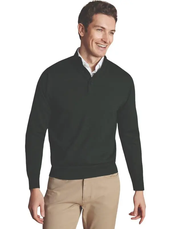 CHARLES TYRWHITT Pure Merino Button Neck Sweater - Forest Green
