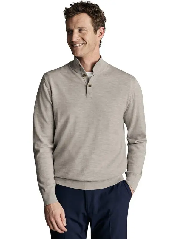 CHARLES TYRWHITT Pure Merino Button Neck Sweater - Gray