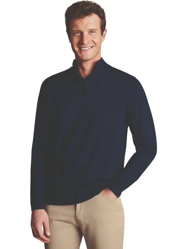 CHARLES TYRWHITT Pure Merino Button Neck Sweater - Navy