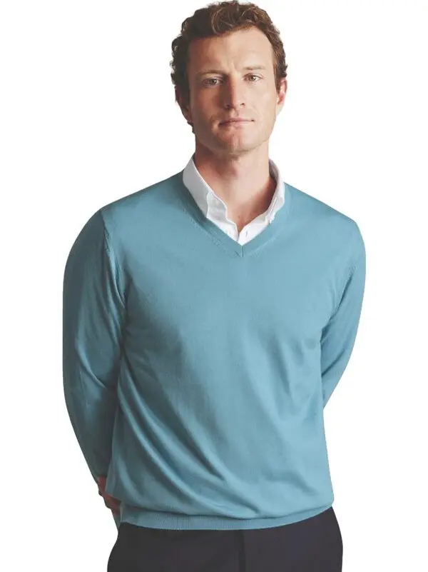 CHARLES TYRWHITT Merino Wool V-neck Sweater - Aqua Green