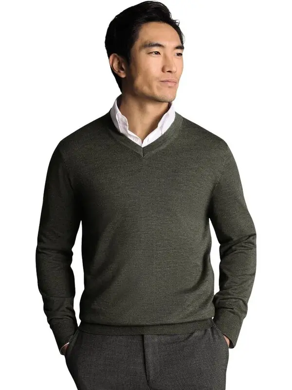 CHARLES TYRWHITT Merino Wool V-neck Sweater - Olive Green