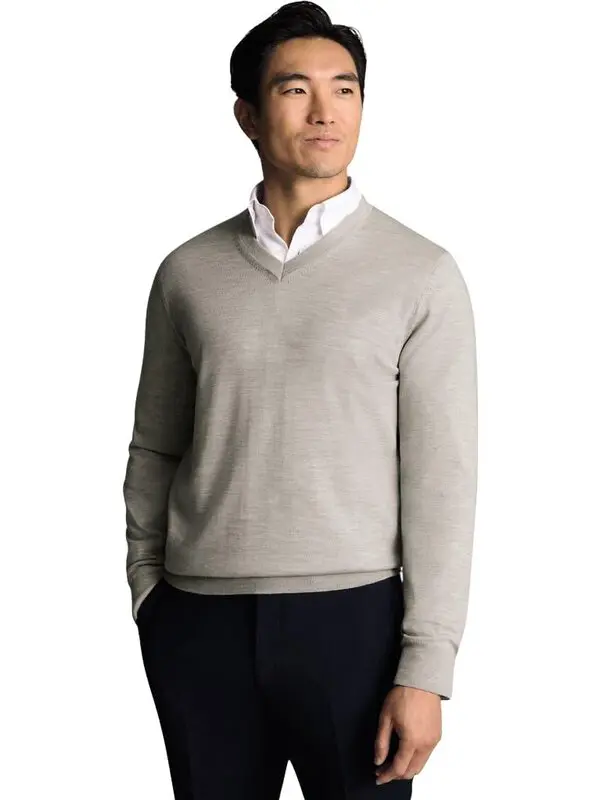 CHARLES TYRWHITT Merino Wool V-neck Sweater - Stone
