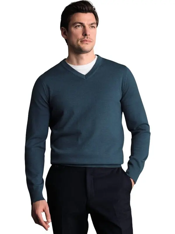 CHARLES TYRWHITT Merino Wool V-neck Sweater - Teal Green