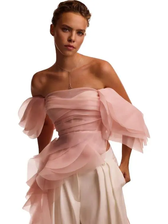 MILLA Off-shoulder Organza Blouse With Ruffles - Misty Rose