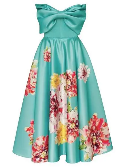 MILLA Strapless Floral Midi Dress With Bow - Aquamarine Floral