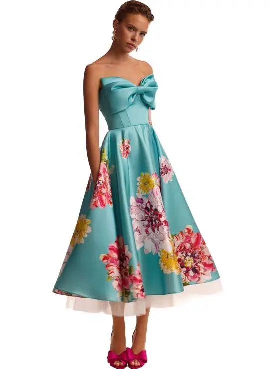 MILLA A-line Floral Print Strapless Midi Dress - Aquamarine Floral