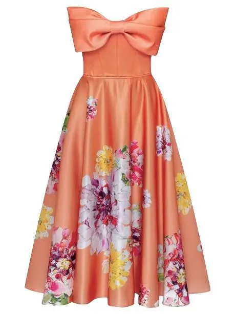 MILLA Strapless Floral Midi Dress With Bow - Orange Floral