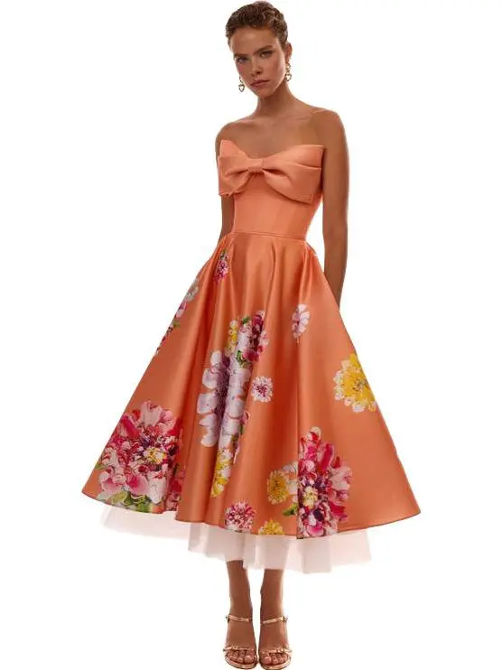 MILLA A-line Floral Print Strapless Midi Dress - Orange Floral