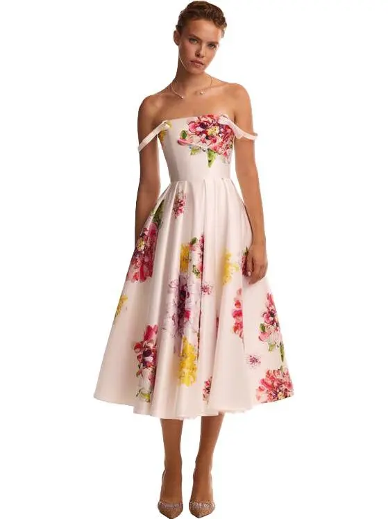 MILLA Fit-and-flare Satin Floral Midi Dress - Ivory Floral