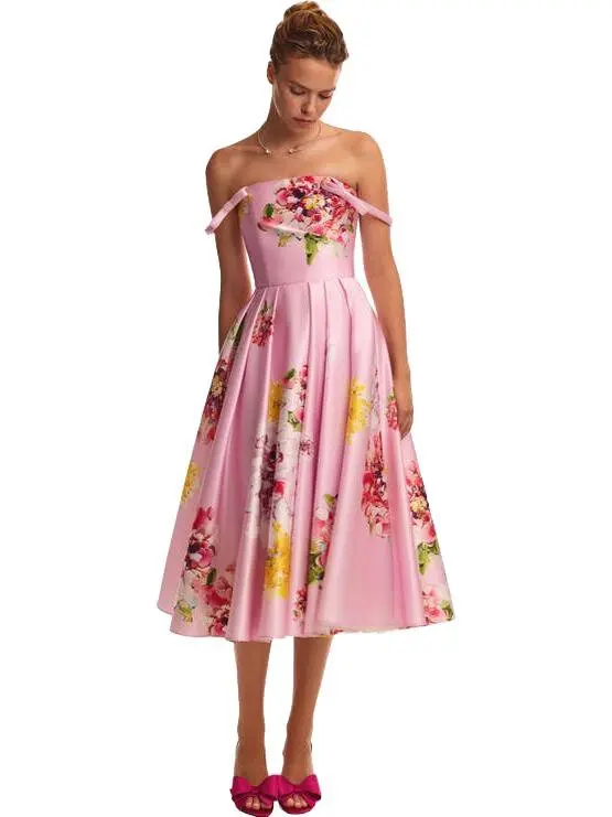MILLA Fit-and-flare Satin Floral Midi Dress - Pink Floral