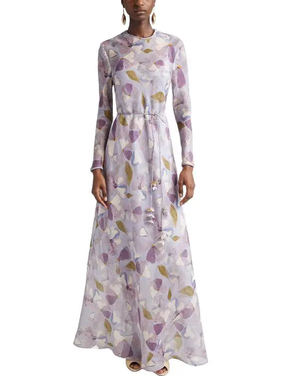 Zimmermann Floral Print Long Sleeve Linen & Silk Maxi Dress - Lilac Pansy