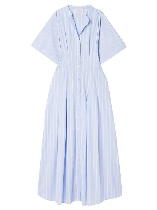 LA LIGNE Belted Pleated Striped Cotton-poplin Midi Shirt Dress - Blue