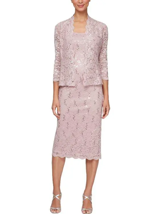 SL FASHIONS Lace Sequin Detail Dress & Jacket 2-piece Set - Blush