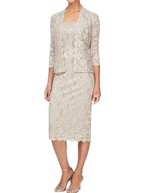 SL FASHIONS Lace Sequin Detail Dress & Jacket 2-piece Set - Cha