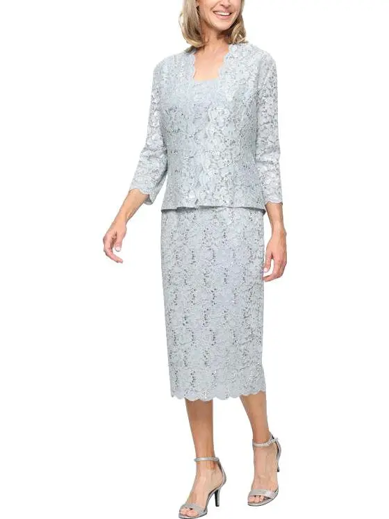 SL FASHIONS Lace Sequin Detail Dress & Jacket 2-piece Set - Sage