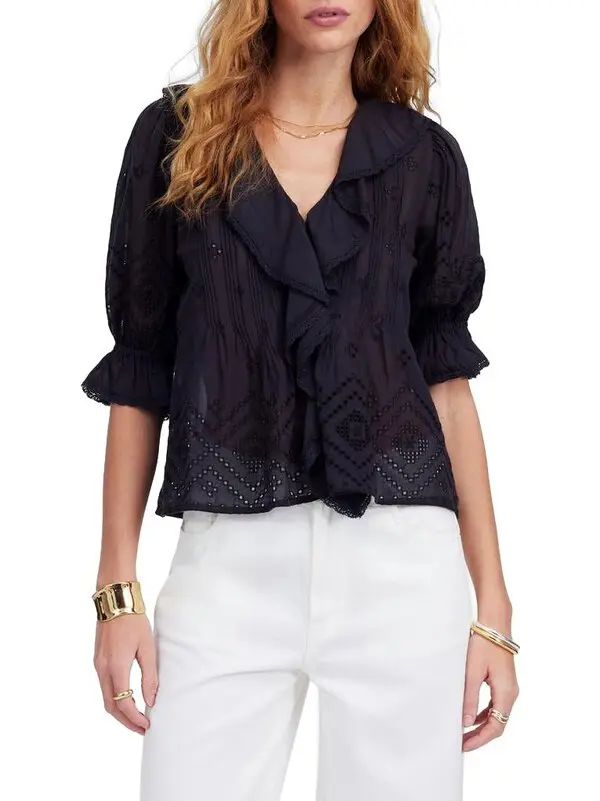 Madewell Pintuck Ruffle Puff-sleeve Top - Jet Black