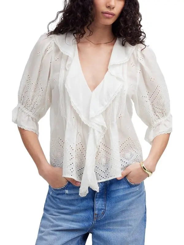 Madewell Pintuck Ruffle Puff-sleeve Top - White