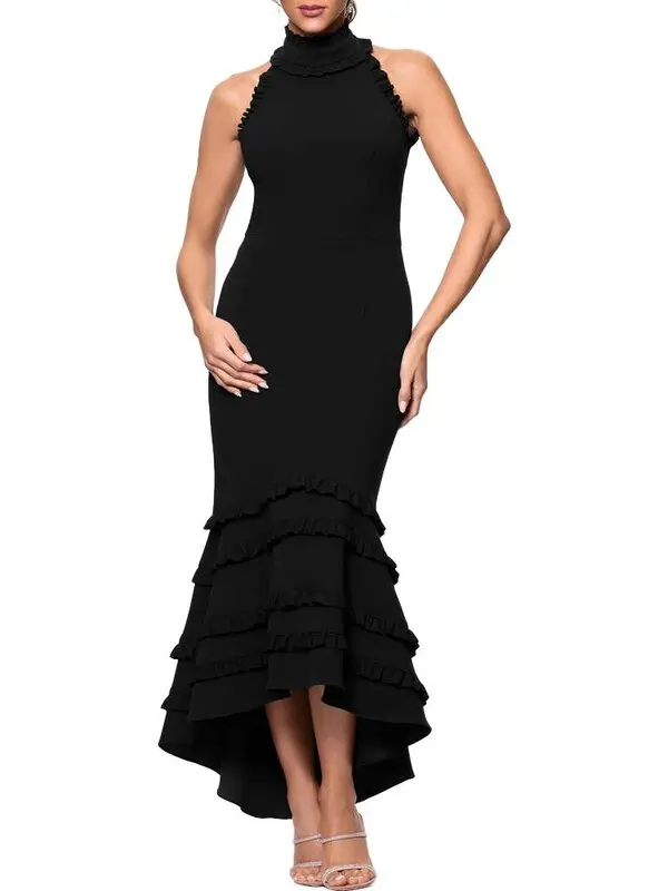 XSCAPE EVENINGS Ruffle Detail High-low Gown - Black
