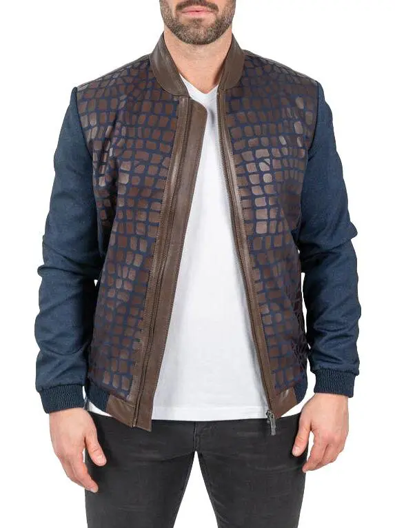 MACEOO Mixed Media Leather Jacket - Blue
