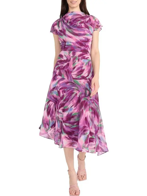 Maggy London Abstract Print Asymmetric Chiffon Midi Dress - Perri/ Purple