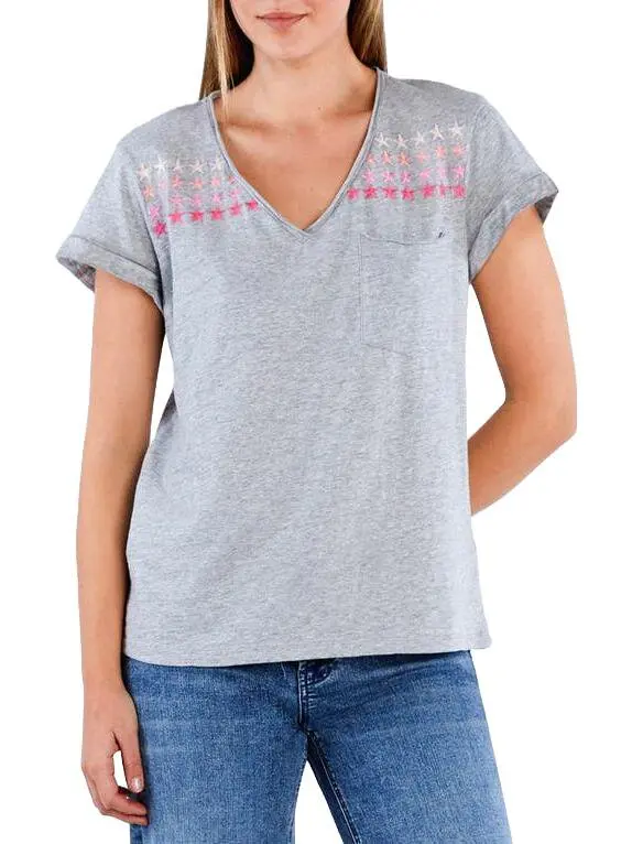 BILLY T Star Embroidered V-neck T-shirt - Grey/ Pink Combo