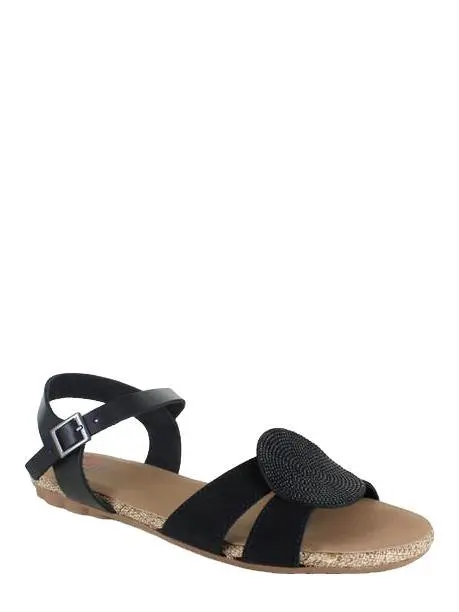 NATIONAL COMFORT Ronda Medallion Flat Sandal - Black Leather