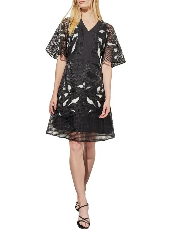 Ming Wang Floral Appliqué Lace A-line Dress - Black/white