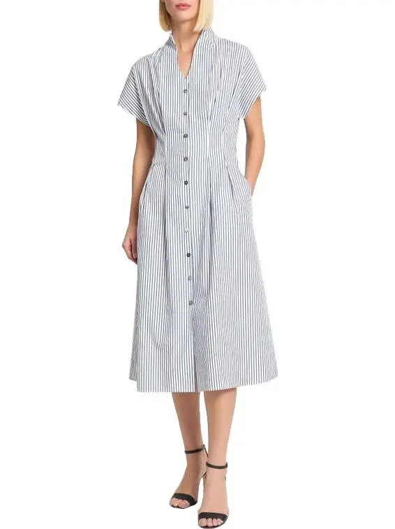 Ming Wang X Tanya Foster Pinstripe Cotton Fit & Flare Midi Dress - White/black