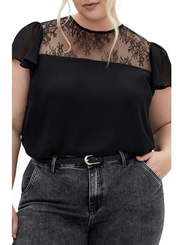 City Chic Malia Embroidered Lace Top - Black