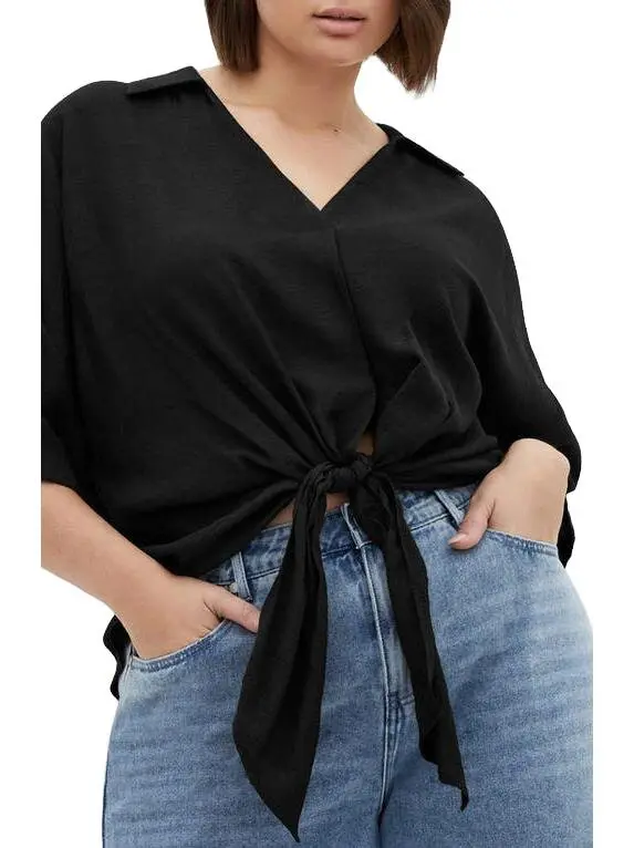 City Chic Rosie Tie Front Top - Black