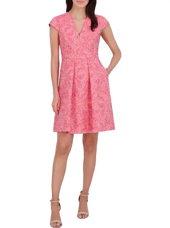 Vince Camuto Metallic Floral Jacquard Fit & Flare Dress - Pink