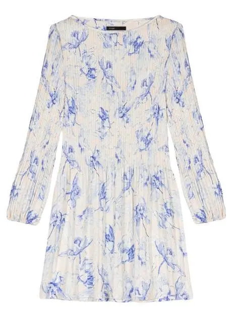 Maje Patterned Pleated Short Dress - Blue Flower Print Ecru Base