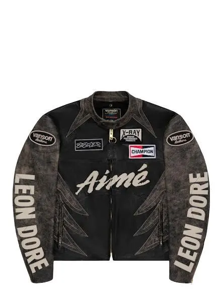 Aimé Leon Dore X Vanson Distressed Leather Moto Jacket - Black/cream