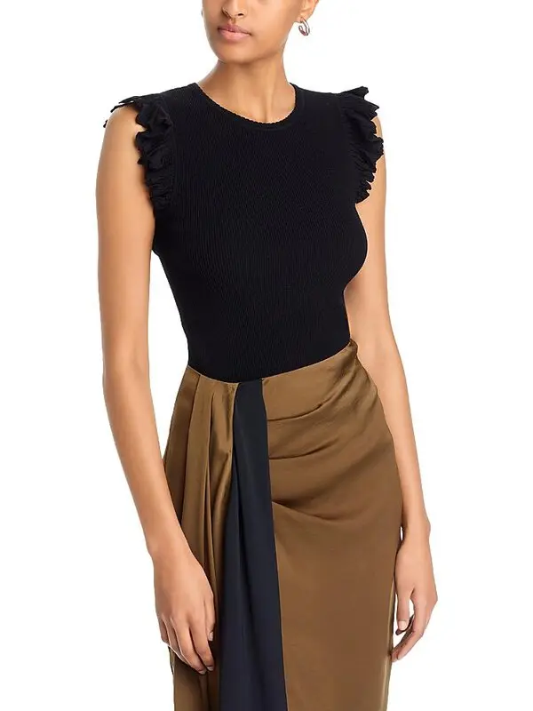 Aqua Rib Knit Flutter Sleeve Top - Black