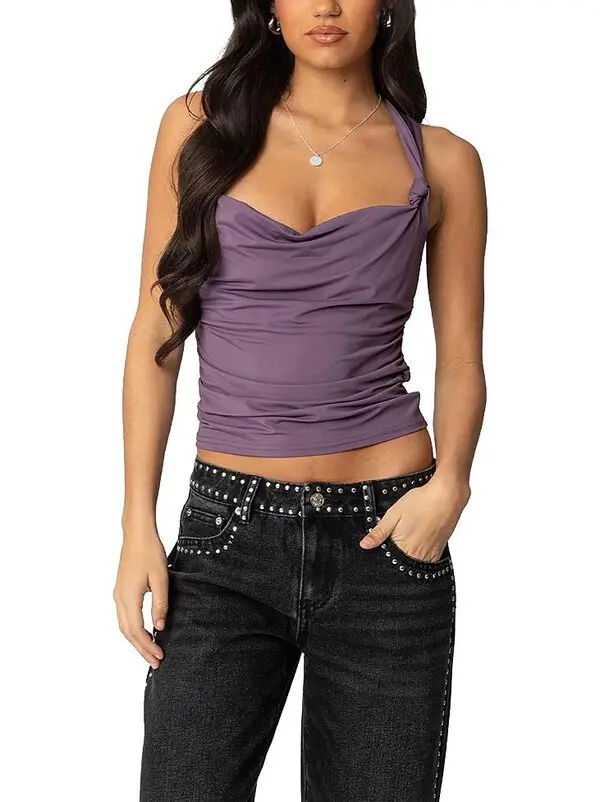 EDIKTED Liza Knotted Cowl Neck Top - Purple