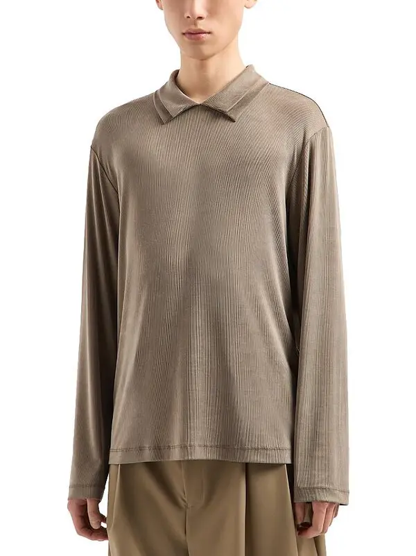 Emporio Armani Textured Stretch Long Sleeved Polo Shirt - Dark Beige