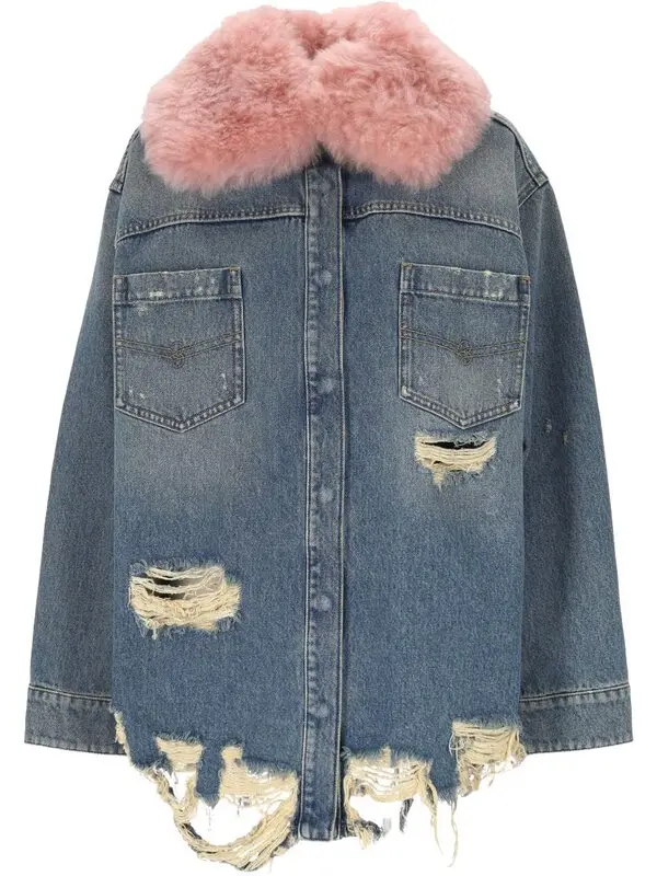 Blumarine Destroyed Denim Shirt - Ice Blu/pink