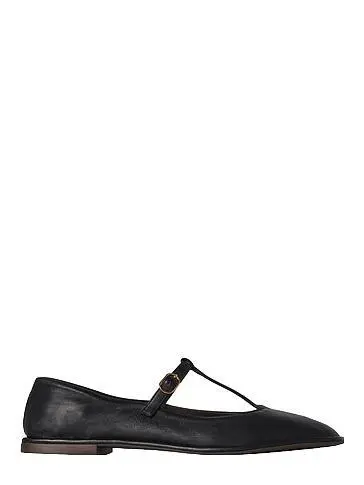 THE ROW Square T-strap Flat - Black