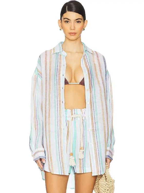 VITAMIN A Playa Linen Boyfriend Shirt - Tidal Stripe