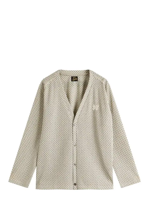 Needles Woven V-neck Cardigan - Natural/black Grid