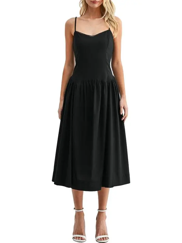 ALL IN FAVOR Drop Waist Cotton & Linen Midi Dress - Black