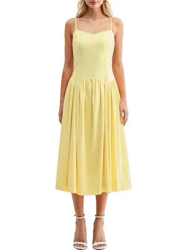 ALL IN FAVOR Drop Waist Cotton & Linen Midi Dress - Butter Yellow