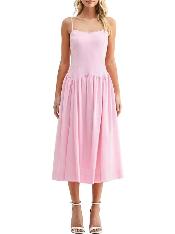 ALL IN FAVOR Drop Waist Cotton & Linen Midi Dress - Icy Pink